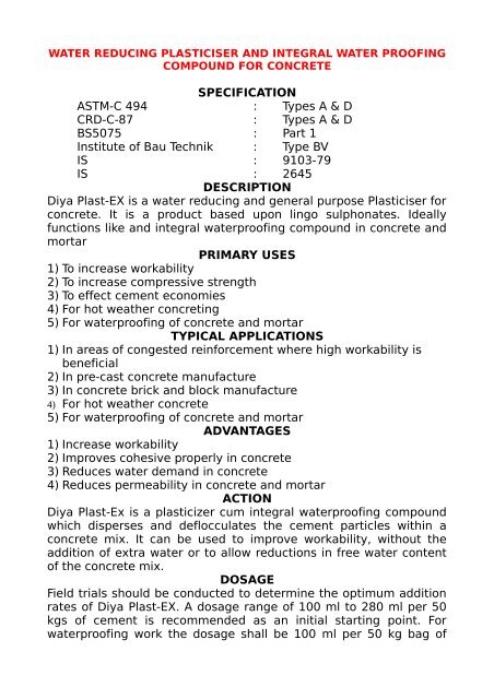 SPECIFICATION ASTM-C 494 : Types A & D CRD-C-87 : Types A ...
