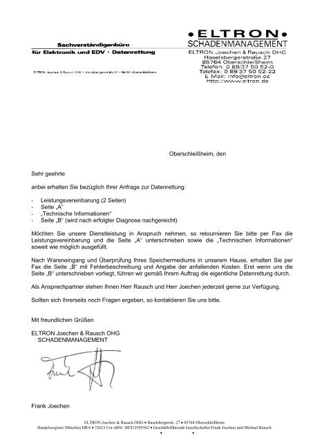 Oberschleißheim, den Sehr geehrte anbei erhalten Sie bezüglich ...