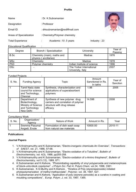 Dr. K.Subramanian Designation - Bannari Amman Institute of ...