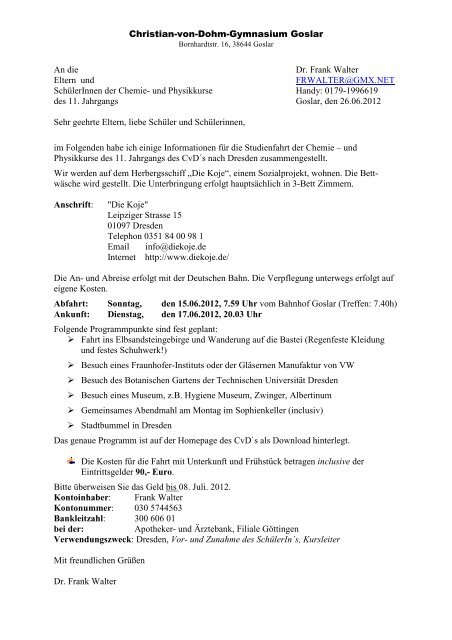 Christian-von-Dohm-Gymnasium Goslar An die Dr. Frank Walter ...