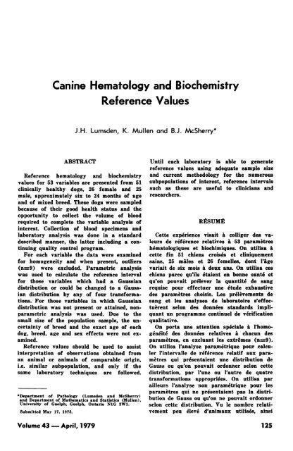 Canine Hematology and Biochemistry Reference Values - Esmond