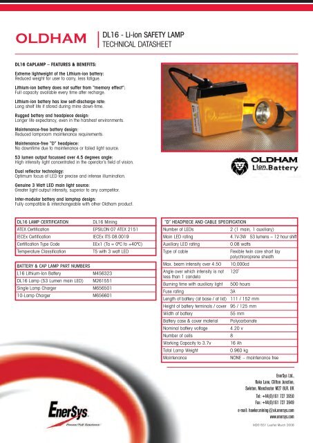 OLDHAM DL16 - Li-ion SAFETY LAMP ... - EnerSys-Hawker