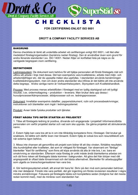 Checklista certifiering ISO9001 - Drott & Company Facility Services AB