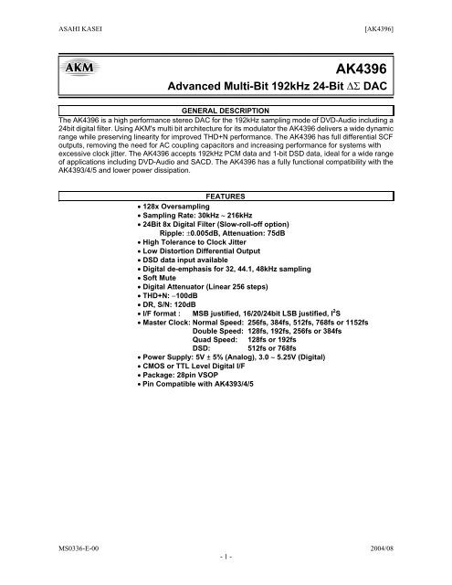 AK4396 Advanced Multi-Bit 192kHz 24-Bit