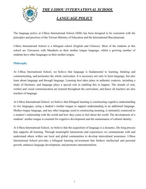 THE I-SHOU INTERNATIONAL SCHOOL LANGUAGE POLICY