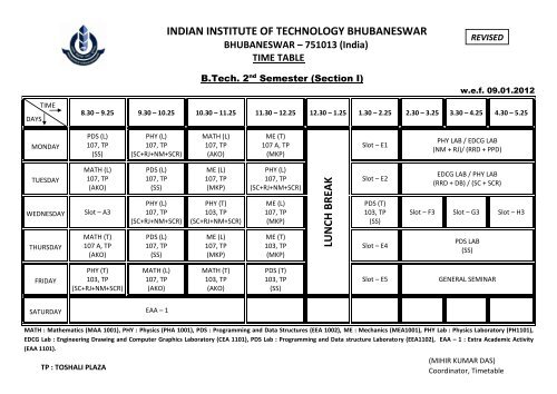 TIME TABLE - Indian Institute of Technology Bhubaneswar
