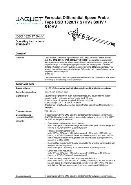 Ferrostat Differential Speed Probe Type DSD 1820.17 ... - Jaquet