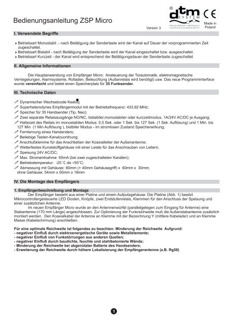 Bedienungsanleitung ZSP Micro - DTM System