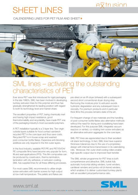 datasheet calendering lines for PET film and sheet - SML