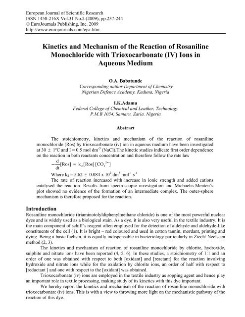 Kinetics and Mechanism of the Reaction of Rosaniline - EuroJournals