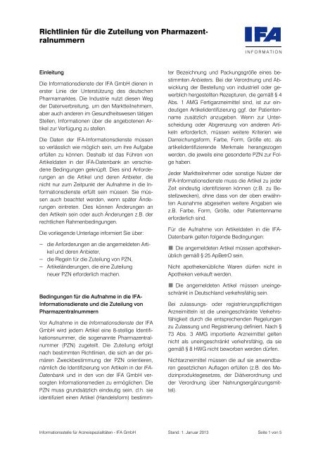 Richtlinien für die Zuteilung von Pharmazentralnummern
