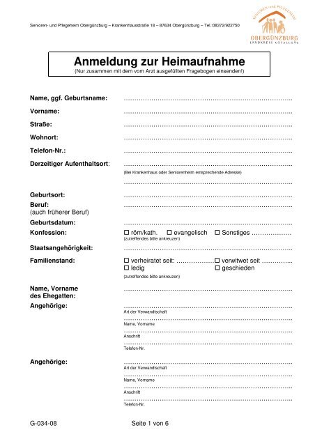 Anmeldung zur Heimaufnahme
