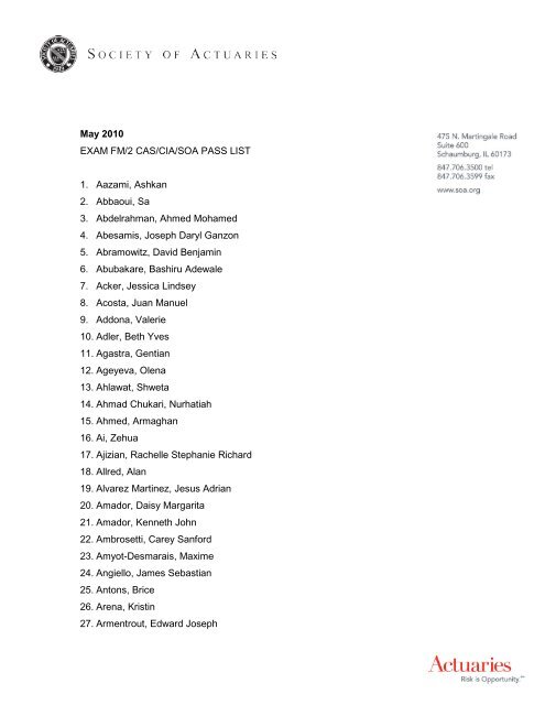 May 2010 EXAM FM/2 CAS/CIA/SOA PASS LIST 1. Aazami, Ashkan ...