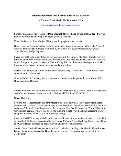 Interview Questions for Christian author Eliza Earsman via Yvonne ...