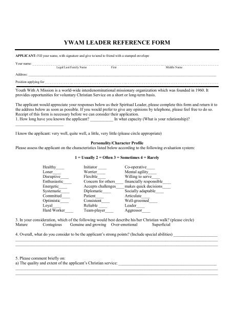 YWAM LEADER REFERENCE FORM - YWAM Jeffreys Bay