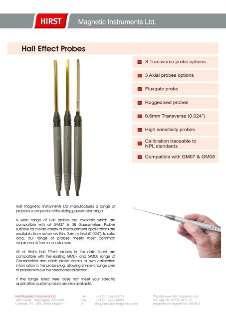 Hall Effect Probes - Gaussmeter.co.uk - Hirst Magnetic Instruments