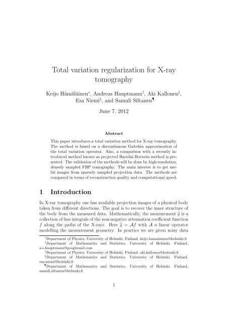 Total Variation Regularization For X Ray Tomography Research