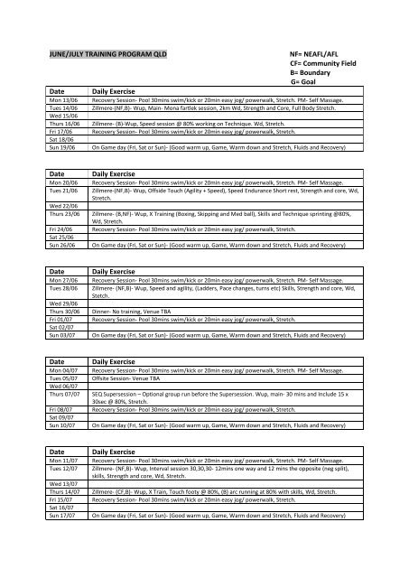 JUNE/JULY TRAINING PROGRAM QLD NF= NEAFL/AFL CF ...