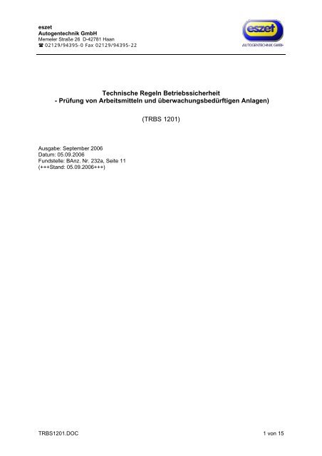 Technische Regeln Betriebssicherheit TRBS 1201 - eszet ...