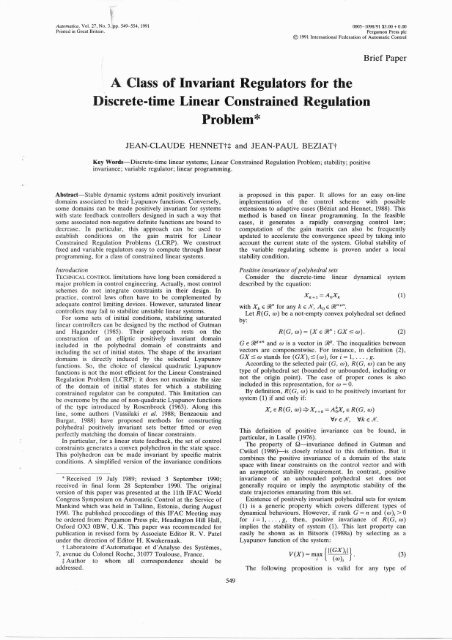 A Class Of Invariant Regulators For The Discrete Time Linear Lsis