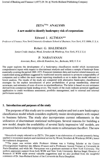 Altman et al: Zeta Analysis A New Model