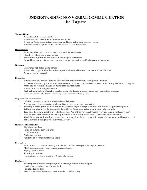 UNDERSTANDING NONVERBAL COMMUNICATION Jan Hargrave