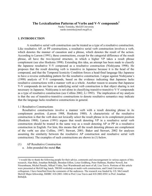 The Lexicalization Patterns of Verbs and V-V compounds