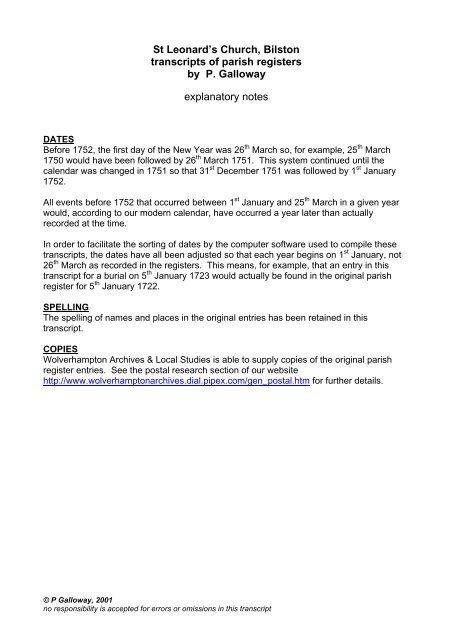 St Leonard's Church, Bilston transcripts of parish registers by ... - Pipex