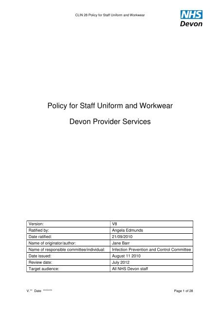 Policy for Staff Uniform and Workwear Devon Provider ... - NHS Devon