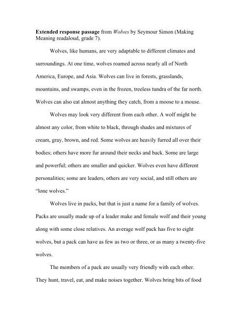 Extended response passage from Wolves by Seymour Simon ...