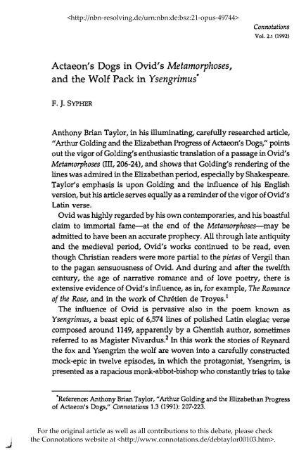 Actaeon's Dogs in Ovid's Metamorphoses, and the Wolf Pack in ...