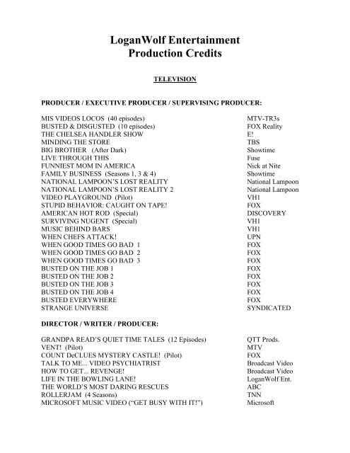 LoganWolf Entertainment Production Credits