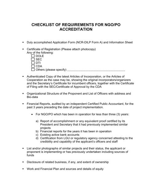 checklist of requirements for ngo/po accreditation - DOLE