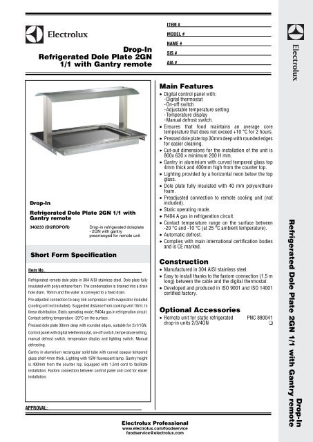 Drop-In Refrigerated Dole Plate 2GN 1/1 with Gantry ... - Electrolux