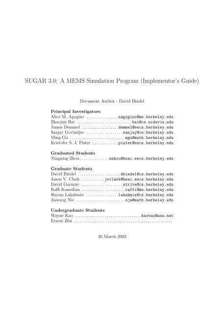 SUGAR 3.0: A MEMS Simulation Program (Implementor's Guide)