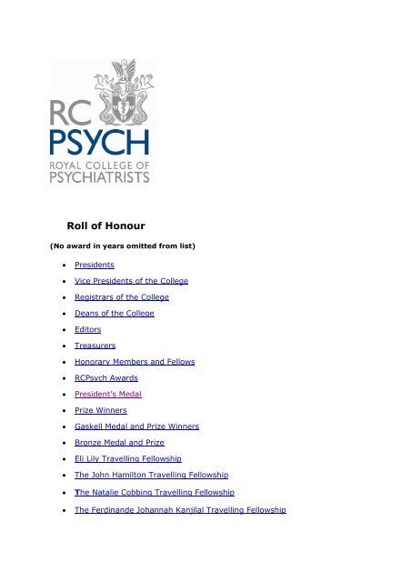 RCPsych Roll of Honour - Royal College of Psychiatrists