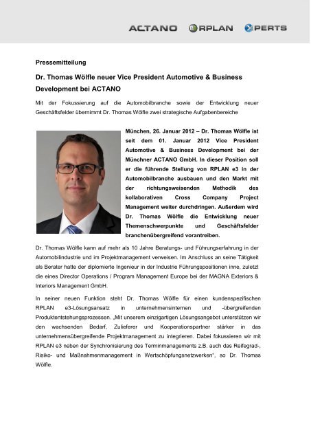 Dr. Thomas Wölfle neuer Vice President Automotive ... - ACTANO