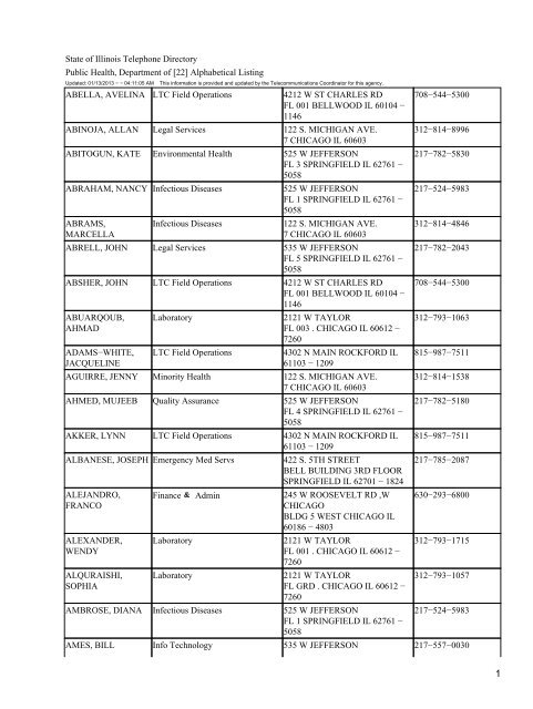 State of Illinois Telephone Directory Public Health, Department of ...