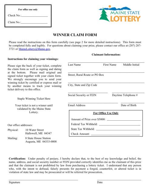 winner claim form - Maine State Lottery