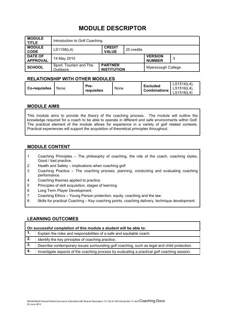 Module Descriptor Myerscough College