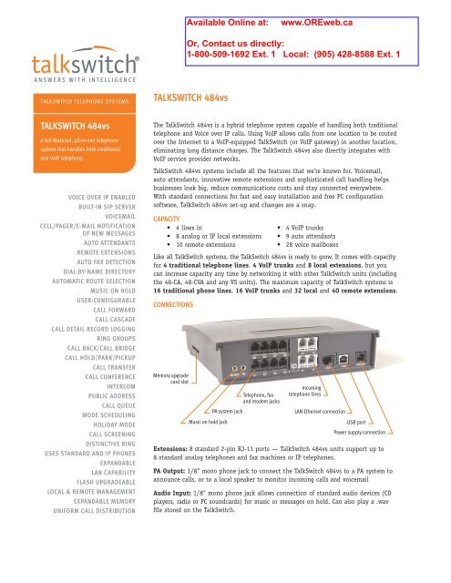 TalkSwitch 484vs Telephone System Specifications