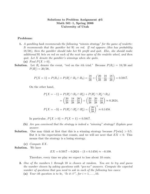 Solutions to Problem Assignment #5 Math 501–1, Spring 2006 ...