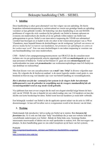 Beknopte handleiding CMS – SIEBEL - Winnovationplus