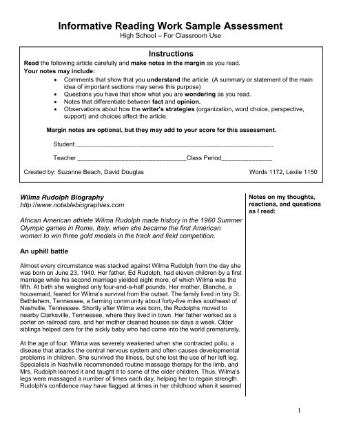 Informative Reading Work Sample Assessment