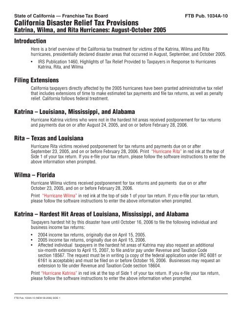 FTB Pub. 1034A-10 - California Franchise Tax Board - State of ...