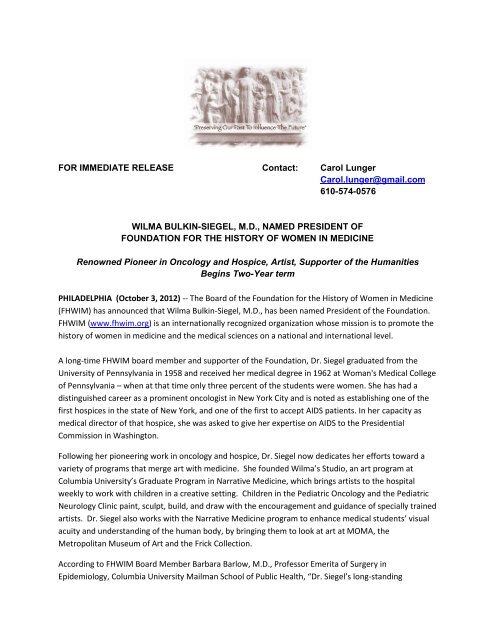 Wilma Bulkin-Siegel, M.D. Named - Foundation for the History of ...