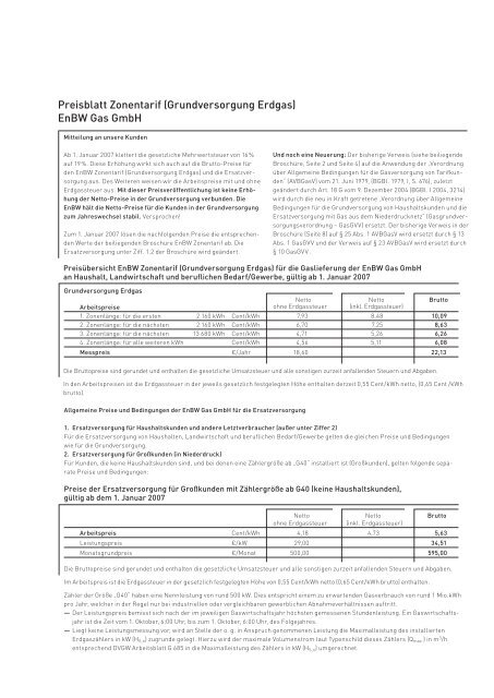 Preisblatt Zonentarif (Grundversorgung Erdgas) EnBW Gas GmbH