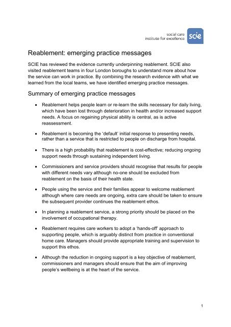 Reablement: emerging practice messages - Social Care Institute for ...