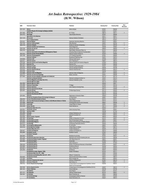 Art Index Retrospective: 1929-1984 - EBSCO Publishing