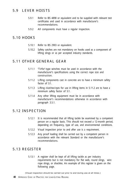 5.9 LEVER HOISTS 5.10 HOO